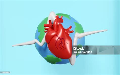 심전도 혈압 심박수 파란색 배경에 고립 된 지구와 3d 현실적인 인간의 심장 건강 사랑 또는 세계 심장의 날 개념 3d 일러스트 레이 션 렌더링 3차원 형태에 대한 스톡