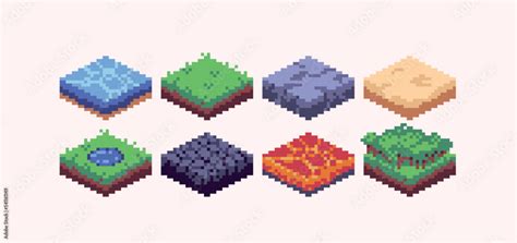 Vecteur Stock Isometric Landscape Tiles Pixel Art Set Map Construction