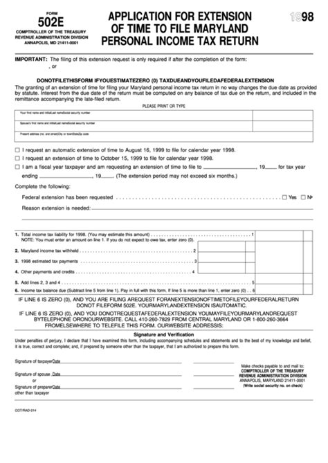 Fillable Form 502 E Application For Extension Of Time To File