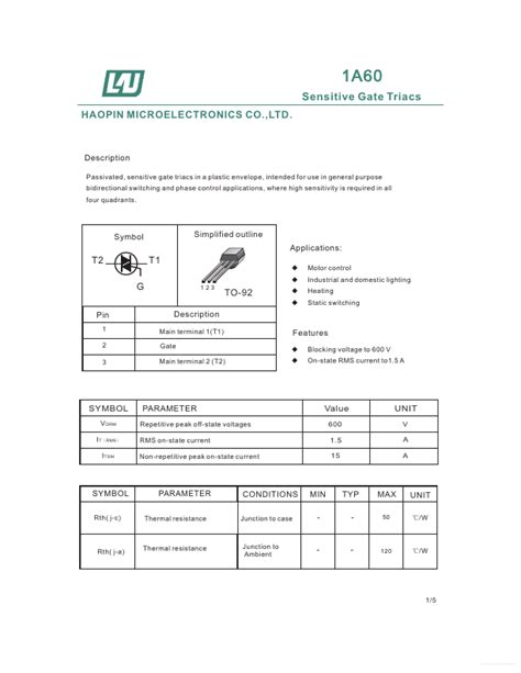 1a60 Datasheet Sensitive Gate Triacs Haopin