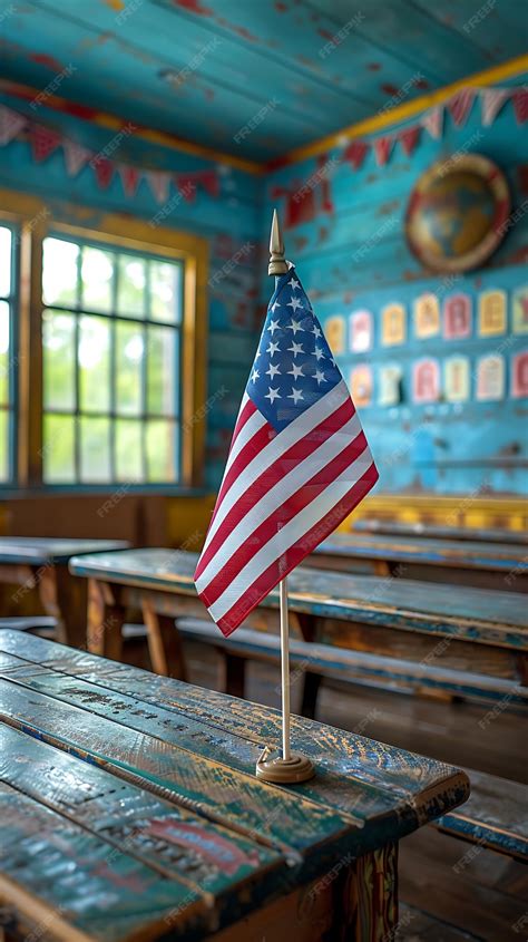 The United States Flag Prominently Displayed In A Classroom Symbolizing Education And Future