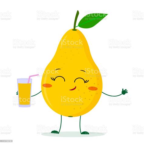 귀여운 노란 배 과일 만화 과일 캐릭터 주스와 함께 유리를 들고 로고 템플릿 디자인입니다 벡터 일러스트 레이 션 플랫 스타일