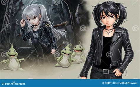 Drawn Girl With Dark Hair In Anime Style Wearing A Leather Black