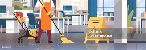 청소부 걸 레 바닥 클리너 유니폼 청소 서비스 컨셉 트롤리 카트 용품 창조적 인 공동 작업 센터 사무실 인테리어 평면 근접 촬영