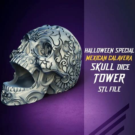3d Printable Halloween Special Mexican Calavera Skull Dice Tower Stl