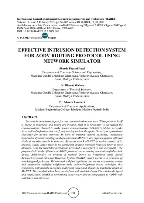Pdf Effective Intrusion Detection System For Aodv Routing Protocol Using Network Simulator