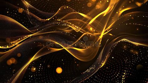 Dark Backdrop Features Luminous Golden Particles In Waving Motion Abstract Glowing Lines Ai