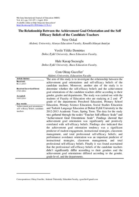 Pdf The Relationship Between The Achievement Goal Orientation And The Self Efficacy Beliefs Of