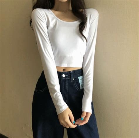 무지 긴팔 라운드넥 크롭티 기본 면티 이너 티셔츠