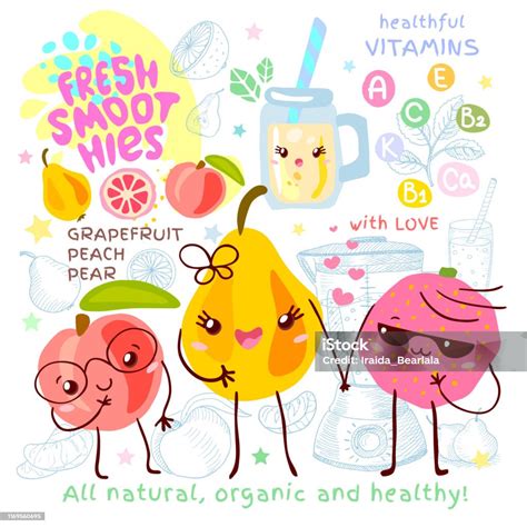 신선한 스무디 레시피 귀여운 가와이이 캐릭터 과일 성분 유리 항아리 비타민 재미 있는 스타일 복숭아 자몽 배 스무디 녹색 잎 민트 손으로 그린 벡터 그림입니다 0명에 대한