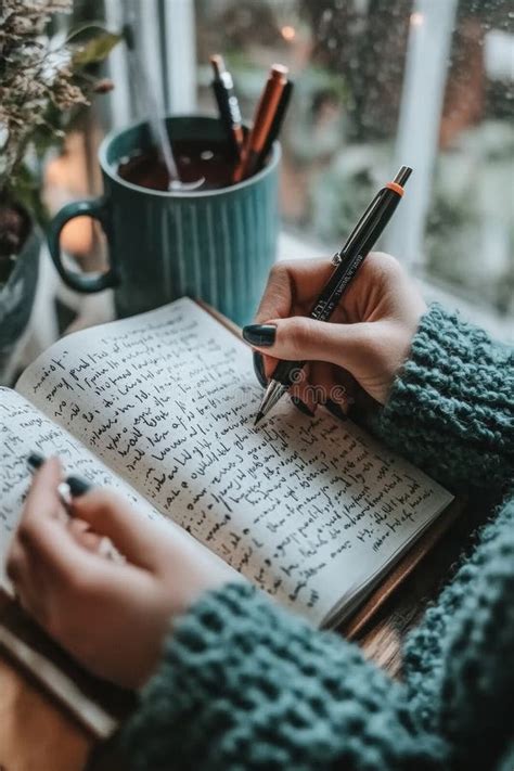 Cozy Winter Morning Woman Journaling With Tea By A Window Embracing