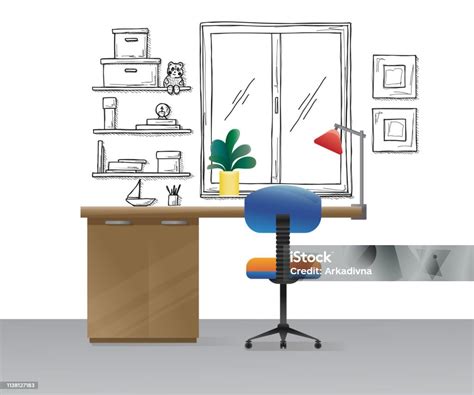 사무실의 자 책상 테이블에 다양 한 개체 평면 스타일의 작업 공간 벡터 일러스트 3차원 형태에 대한 스톡 벡터 아트 및 기타 이미지 3차원 형태 가구 가정 생활