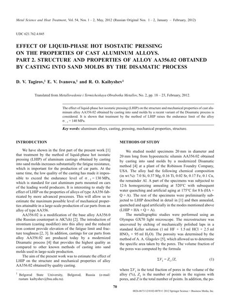 Pdf Effect Of Liquid Phase Hot Isostatic Pressing On The Properties Of Cast Aluminum Alloys