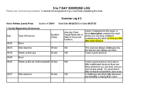 Exercise Log 2 May Term Fatima Juarez Frias 5 To 7 Day Exercise Log Please See “exercise Log