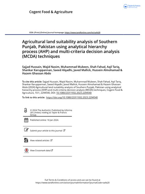 Agricultural Land Suitability Analysis Of Southern Punjab Pakistan Using Analytical Hierarchy