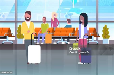 대기 홀 또는 공항 터미널에서 출발 라운지 사람들에 가방으로 여행자의 커플 게이트에 대한 스톡 벡터 아트 및 기타 이미지 게이트 공항 공항 출발 구역 Istock