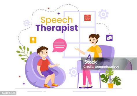 언어 치료사 벡터 일러스트레이션 아동 교육 기본 언어 능력과 플랫 만화 손으로 그린 템플릿의 조음 문제 언어치료에 대한 스톡