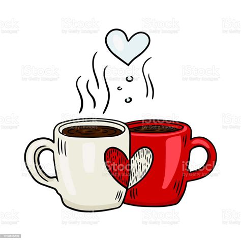 사랑의 상징을 이루는 스팀으로 귀여운 커피 나 차 컵을 벡터 낙서 스타일로 손으로 그린 그림 인사말 카드 초대장 포스터 카페 메뉴 인쇄를 위한 다채로운 아트 디자인 갈색에
