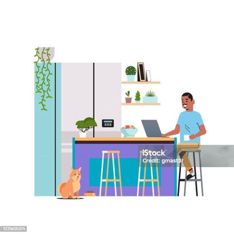 코로나바이러스 검역 중 집에서 일하는 랩톱을 사용하는 남자 프리랜서 자체 격리 프리랜서 부엌에 대한 스톡 벡터 아트 및 기타 이미지 부엌 가공의 인물 가구 Istock