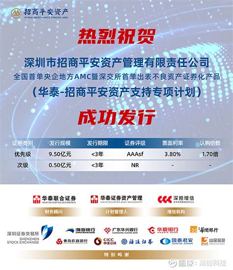 全国首单央企地方amc Abs成功发行 3月23日，由深圳担保集团旗下深圳市深担增信融资担保有限公司提供信用增进的 华泰 招商平安资产支持