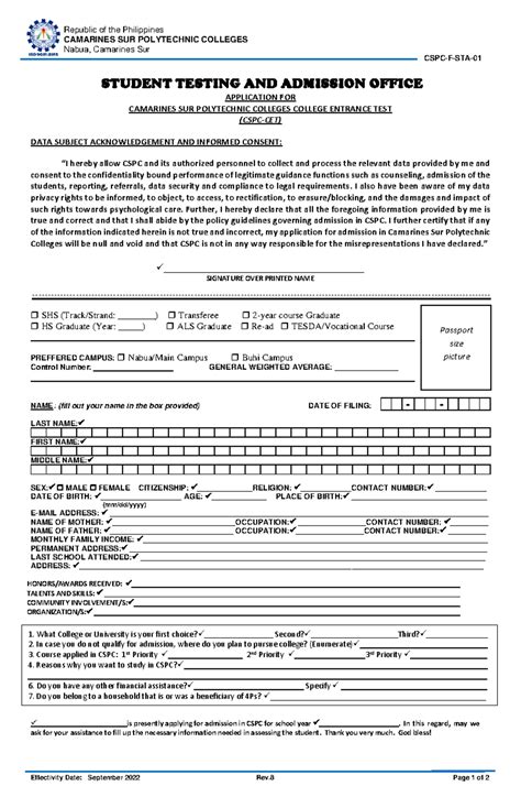 1 Application For Cspc Cet Rev 8 Republic Of The Philippines Camarines Sur Polytechnic