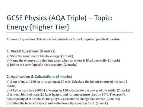 Aqa Gcse Physics P1 3 Energy Teaching Resources