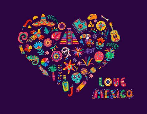 Amor Mexico Corazón Mexicano Flores Animales Comida 36600140 Vector