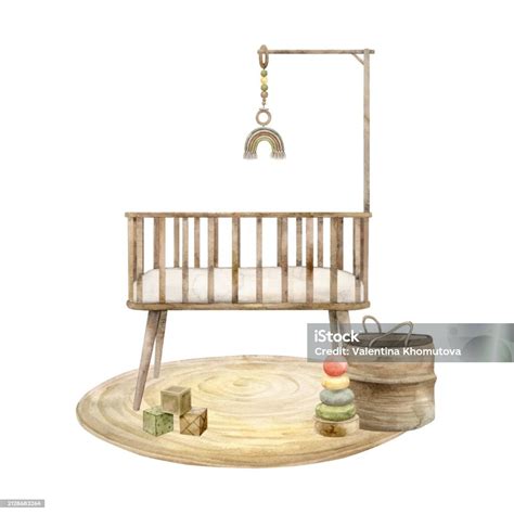 모빌과 다양한 어린이 장난감이 있는 새해 아기를 위한 수채화 나무 유아용 침대 어린이 인테리어 카드 스티커 섬유 디자인 초대장에 대한 고립 된 손으로 그린 그림 0명에 대한