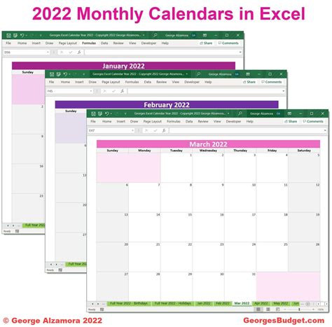 Excel Calendar Year 2022 Monthly Year At A Glance Printable Download