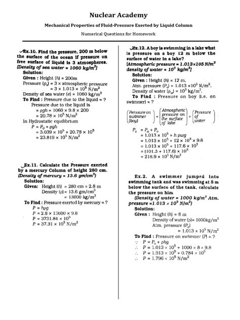 Fluid Pressure Calculations And Examples Pdf Teaching Methods