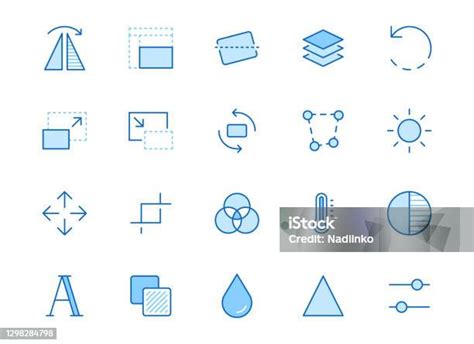 사진 편집 선 아이콘 세트입니다 플립 자르기 이미지 색상 필터 조정 효과 대비 최소 벡터 그림 사진 응용 프로그램을위한 간단한 윤곽 표지판 파란색 편집 가능한 스트로크 여러