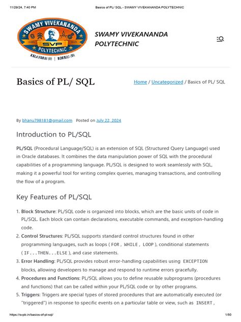 Basics Of Pl Sql Swamy Vivekananda Polytechnic Pdf Plsql