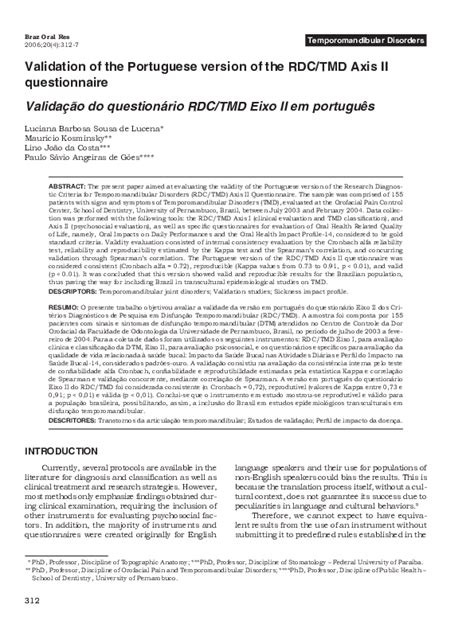 Pdf Validation Of The Portuguese Version Of The Rdc Tmd Axis Ii