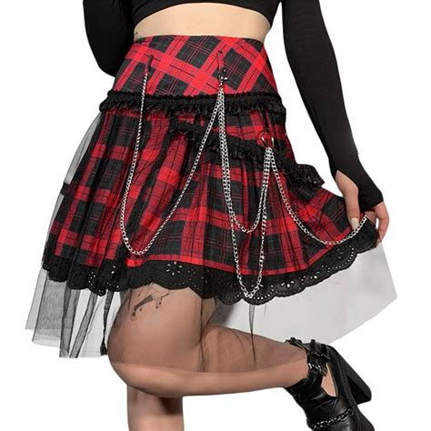 Xingqing 고스 로리타 라인 스커트 애니메이션 미적 여성 높은 허리 격자 무늬 레이스 트림 메쉬 스커트 금속 체인 Y2k 옷 Aliexpress