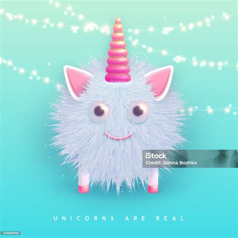 파란색 배경에 격리된 분홍색 뿔이 있는 3d 현실적인 솜털 유니콘 벡터 그림 3차원 형태에 대한 스톡 벡터 아트 및 기타 이미지 3차원 형태 개성 개념 고양이 귀