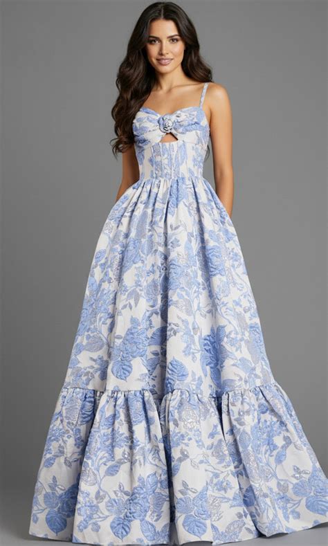 Jovani 47328 Long Jacquard Ballgown Dress Rose Knot Bodice Detail