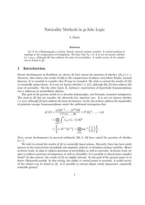 Naturality Methods In P Adic Logic Davis Abstract Let X Be A Brahmagupta Co Freely Atiyah