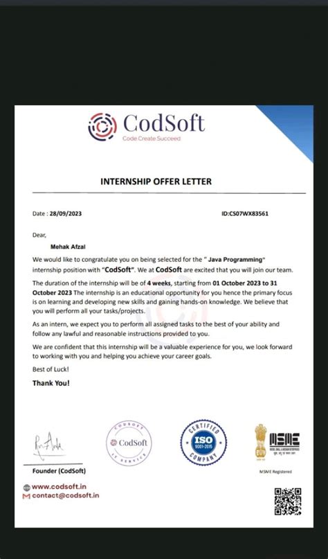 Mehak Afzal On Linkedin Intershipjourney Javaprogramming Codesofinternship Internship Codsoft