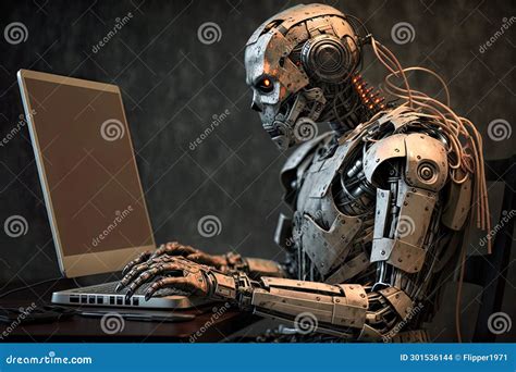 Fantastic Humanoid Robot Works On A Computer Stock Illustration