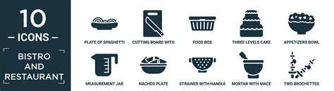 채워진 비스트로와 레스토랑 아이콘 세트 스파게티의 평평한 접시 칼이 달린 도마 음식 상자 3단계 케이크 전채 그릇 측정 항아리 나쵸 접시 손잡이가 있는 스트레이너가 들어