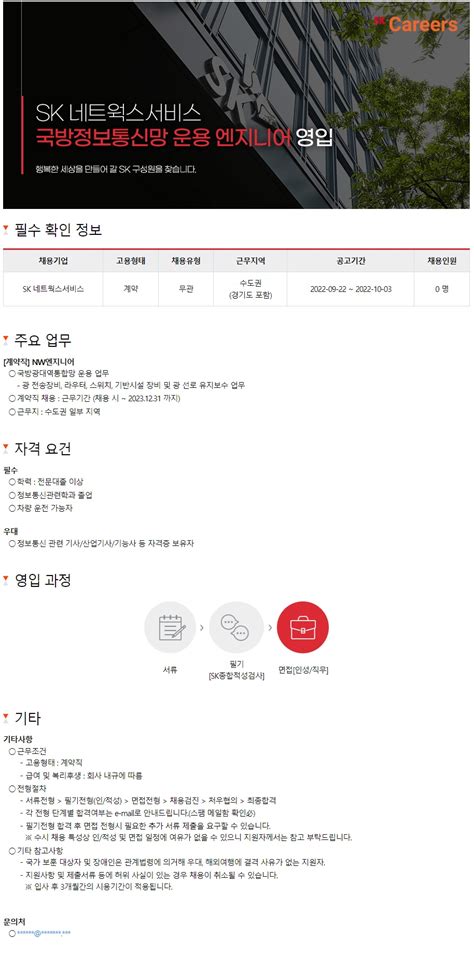 Sk네트웍스서비스 채용공고 국방정보통신망 운용 엔지니어 영입 2022년 채용