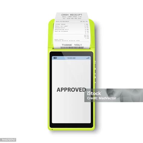 벡터 3d Nfc 지불 기계 승인 상태 및 종이 수표 영수증 격리 와이파이 무선 결제 Pos 단말기 은행 결제 비접촉식 단말기의 기계 설계 템플릿 모형 탑 뷰 3차원 형태에