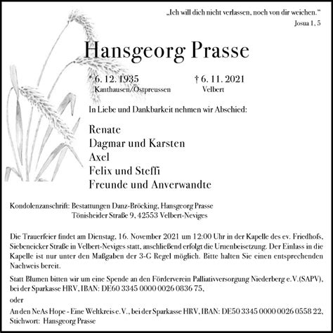 Traueranzeigen Von Hansgeorg Prasse Trauer In Nrw De