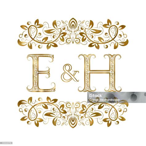 E와 H 빈티지 이니셜 기호입니다 글자 장식 요소에 의해 포위 된다 결혼식 또는 로얄 스타일에서 비즈니스 파트너 모노 그램입니다 고풍스런에 대한 스톡 벡터 아트 및 기타