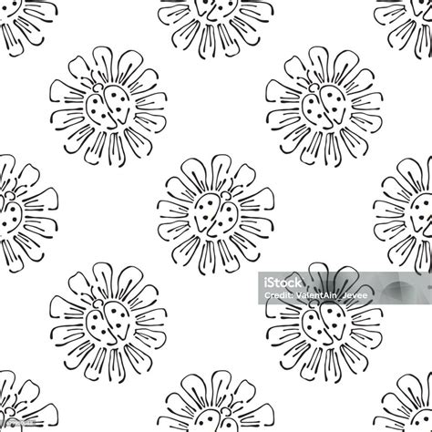 흰색 배경 손으로 그린 등고선과 뇌졸중 낙서 스타일 그래픽 벡터 일러스트 레이 션에 곤충과 민들레 꽃에 벡터 꽃 그림 완벽 한 패턴 무당벌레 검은색에 대한 스톡 벡터 아트