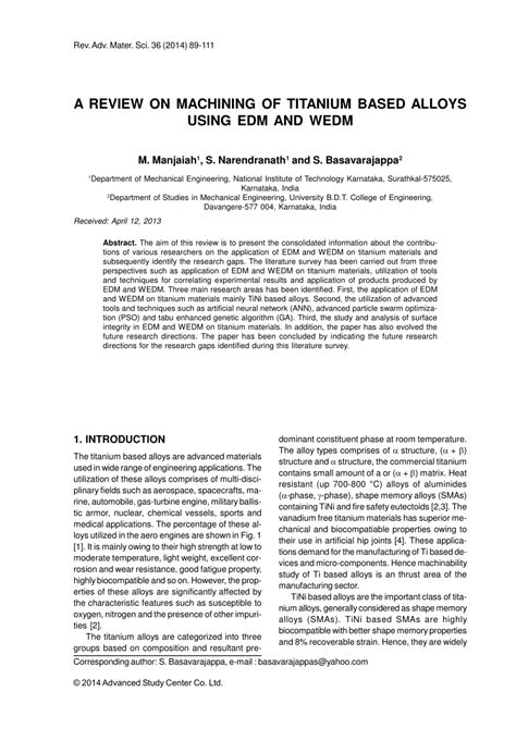 Pdf A Review On Machining Of Titanium Based Alloys Using Edm And Wedm