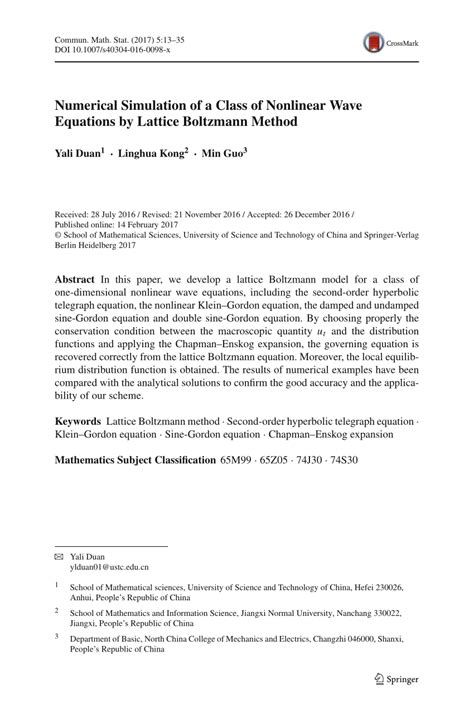 Pdf Numerical Simulation Of A Class Of Nonlinear Wave Equations By Lattice Boltzmann Method