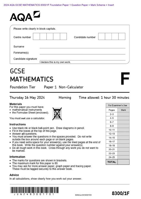 Actual 2024 Aqa Gcse Mathematics 8300 1f Foundation Tier Paper 1 Non Calculator Merged Question