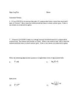 Exponential Logarithmic Functions Test By Lesiecki Online TpT