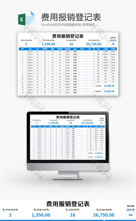 费用报销登记表excel模板 免费excel表格模板下载 千库网